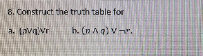 Solved 8. Construct the truth table for a. (pvq)vr b. (p 19) | Chegg.com