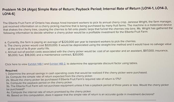 Solved Problem 14-24 (Algo) Simple Rate of Return; Payback | Chegg.com