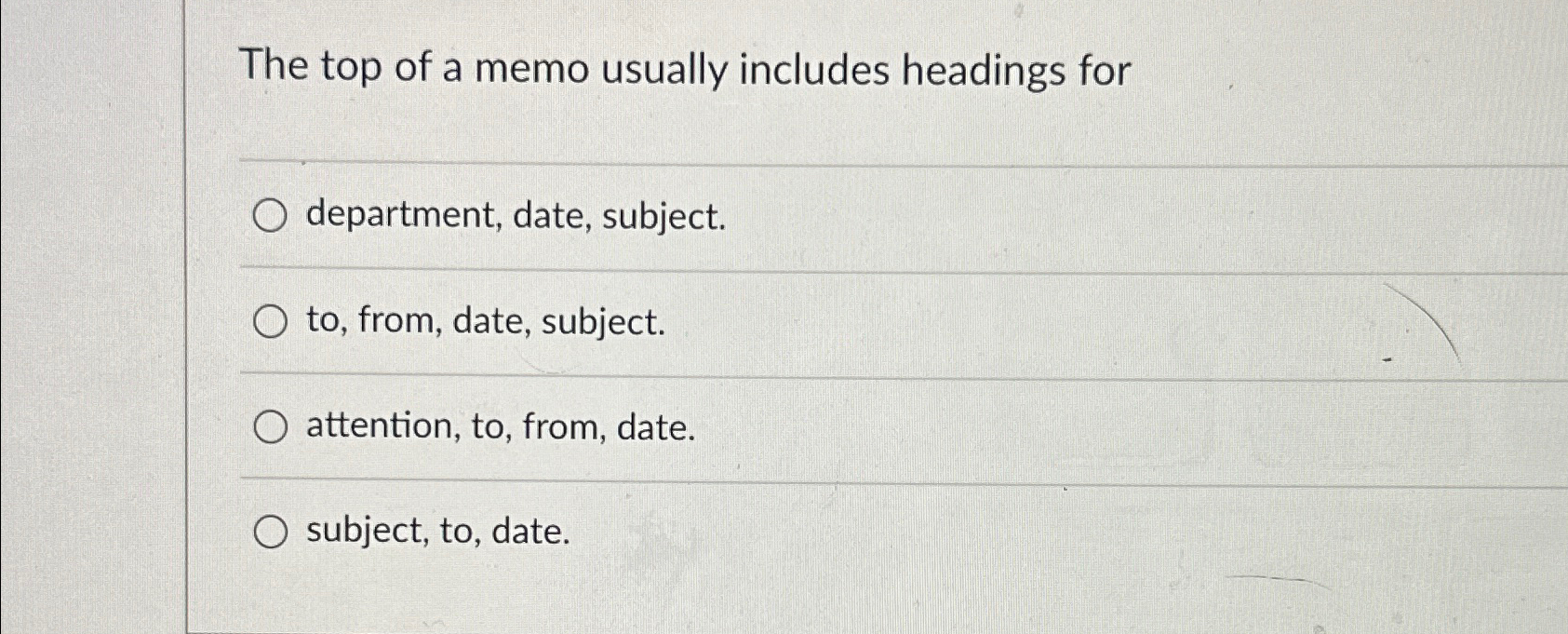 Solved The top of a memo usually includes headings | Chegg.com