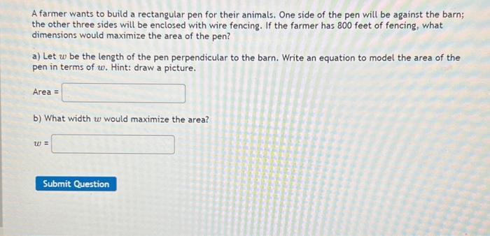 Solved A farmer wants to build a rectangular pen for their | Chegg.com