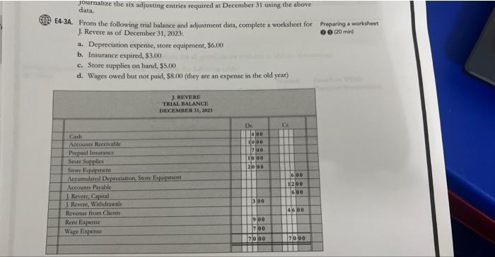 [Solved]: E4-3A. From the following trial balance and adjus