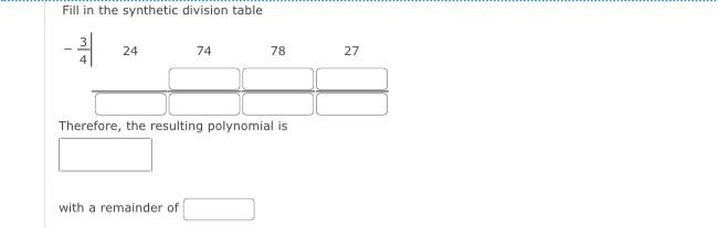 Solved Fill in the synthetic division table - 24 74 with a | Chegg.com