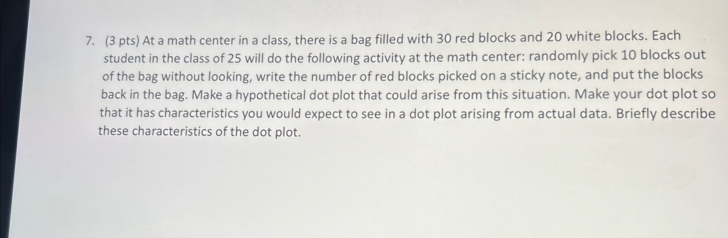 Solved (3 ﻿pts) ﻿At a math center in a class, there is a bag | Chegg.com