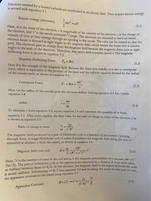 Experiment 5: The Specific Charge of the Electron | Chegg.com