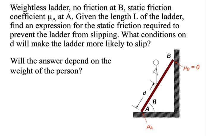 Solved Weightless ladder, no friction at B, static friction | Chegg.com