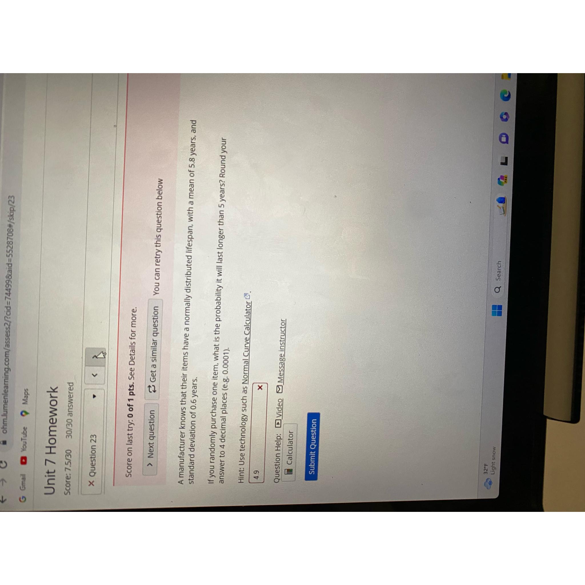 Solved Unit 7 ﻿HomeworkScore: 7.530,3030 ﻿answeredx | Chegg.com