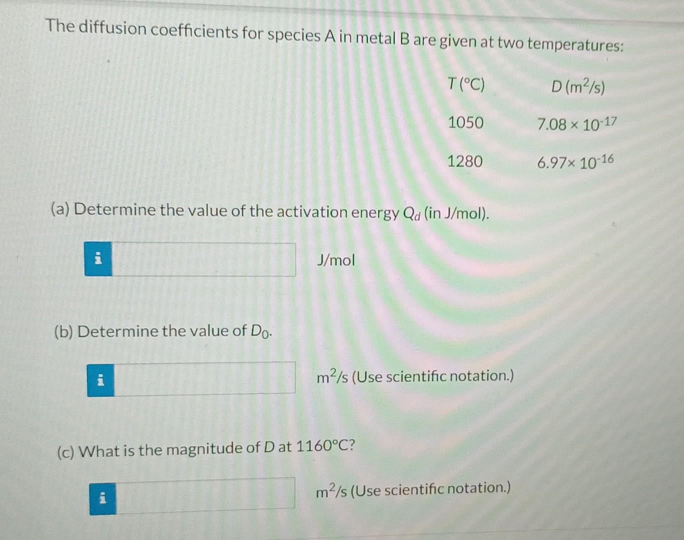 Solved The diffusion coefficients for species A in metal B | Chegg.com