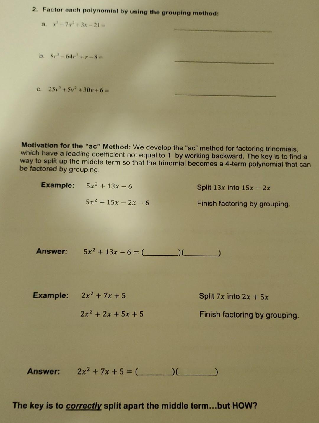 Solved Math 95 Name: Factoring by Grouping and "ac" Method | Chegg.com