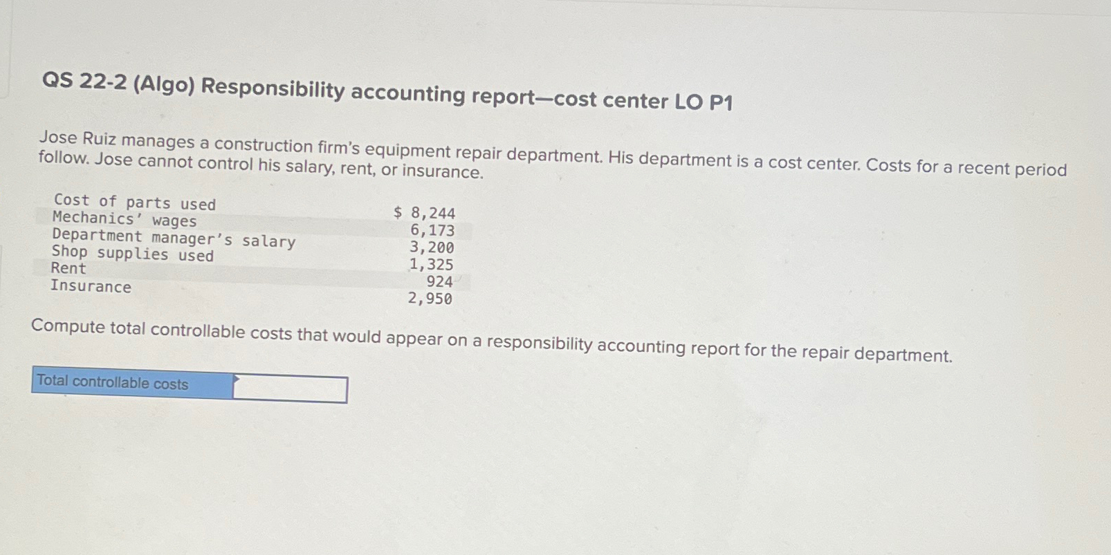 Solved QS 22-2 (Algo) ﻿Responsibility accounting report-cost | Chegg.com