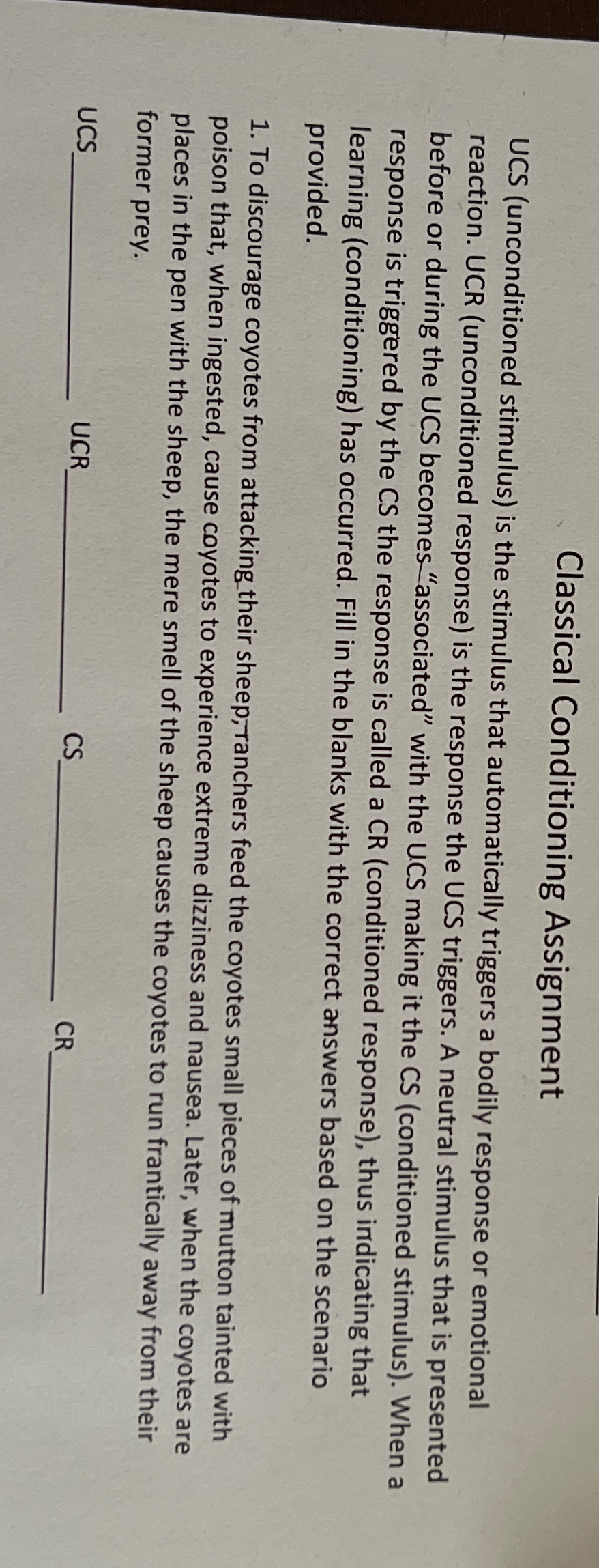 Solved Classical Conditioning AssignmentUCS (unconditioned | Chegg.com