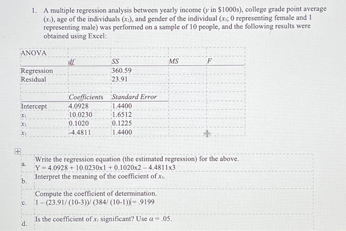 + ANOVA Regression Residual 1. A multiple regression | Chegg.com
