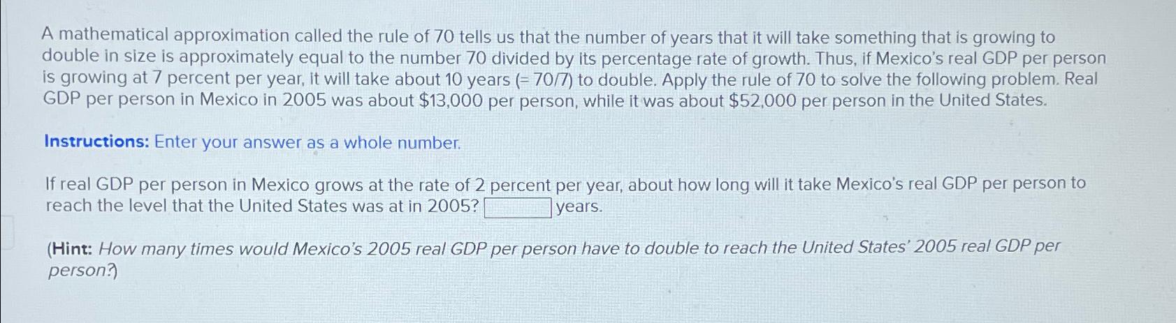 Solved A mathematical approximation called the rule of 70 | Chegg.com