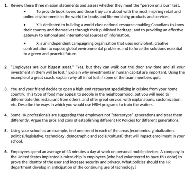 Solved 1. Review these three mission statements and assess | Chegg.com