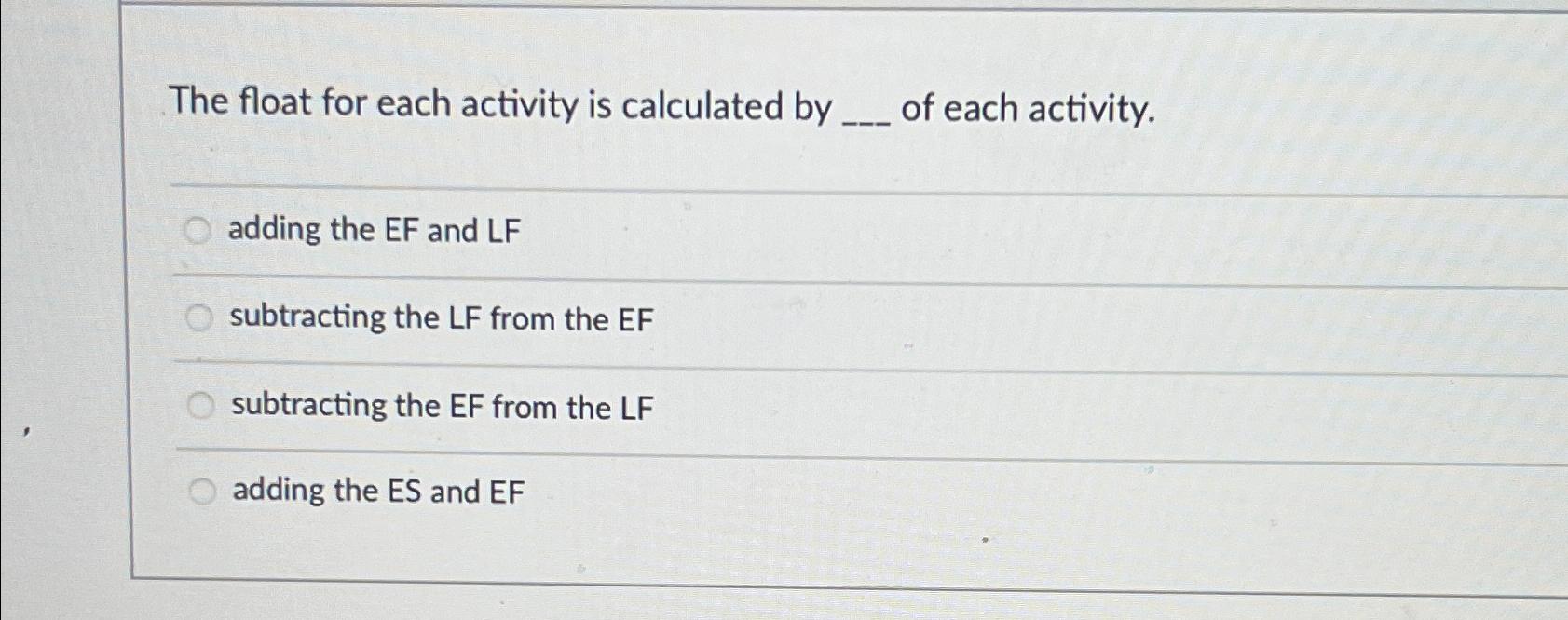Solved The float for each activity is calculated by of each | Chegg.com