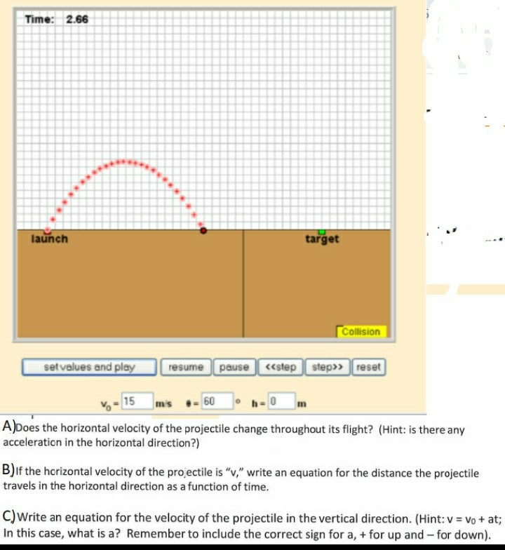 Solved Time: 2.66 launch target Collision set values and | Chegg.com