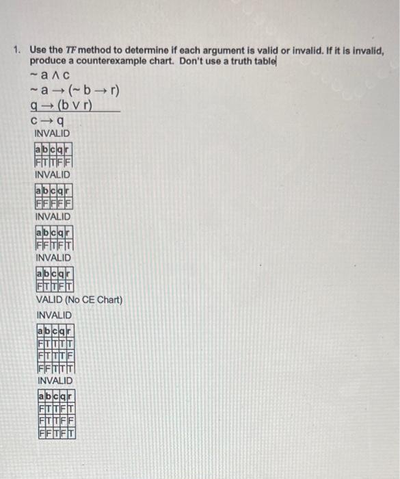 Solved - 1. Use the TF method to determine if each argument | Chegg.com