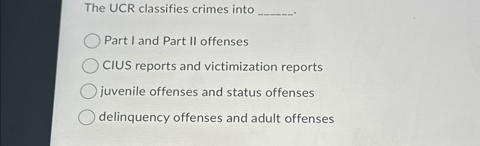 Solved The UCR classifies crimes intoPart I and Part II | Chegg.com