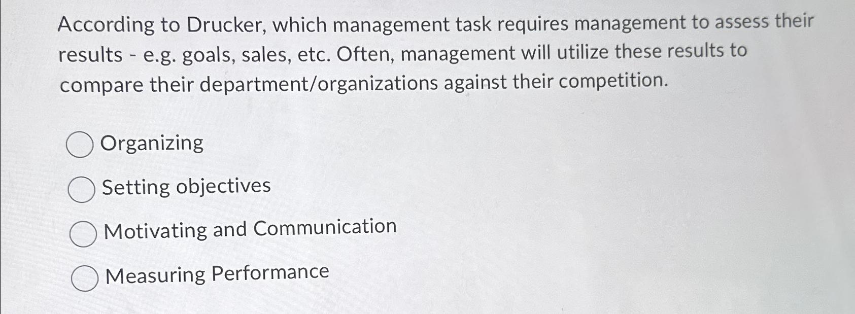 Solved According to Drucker, which management task requires | Chegg.com