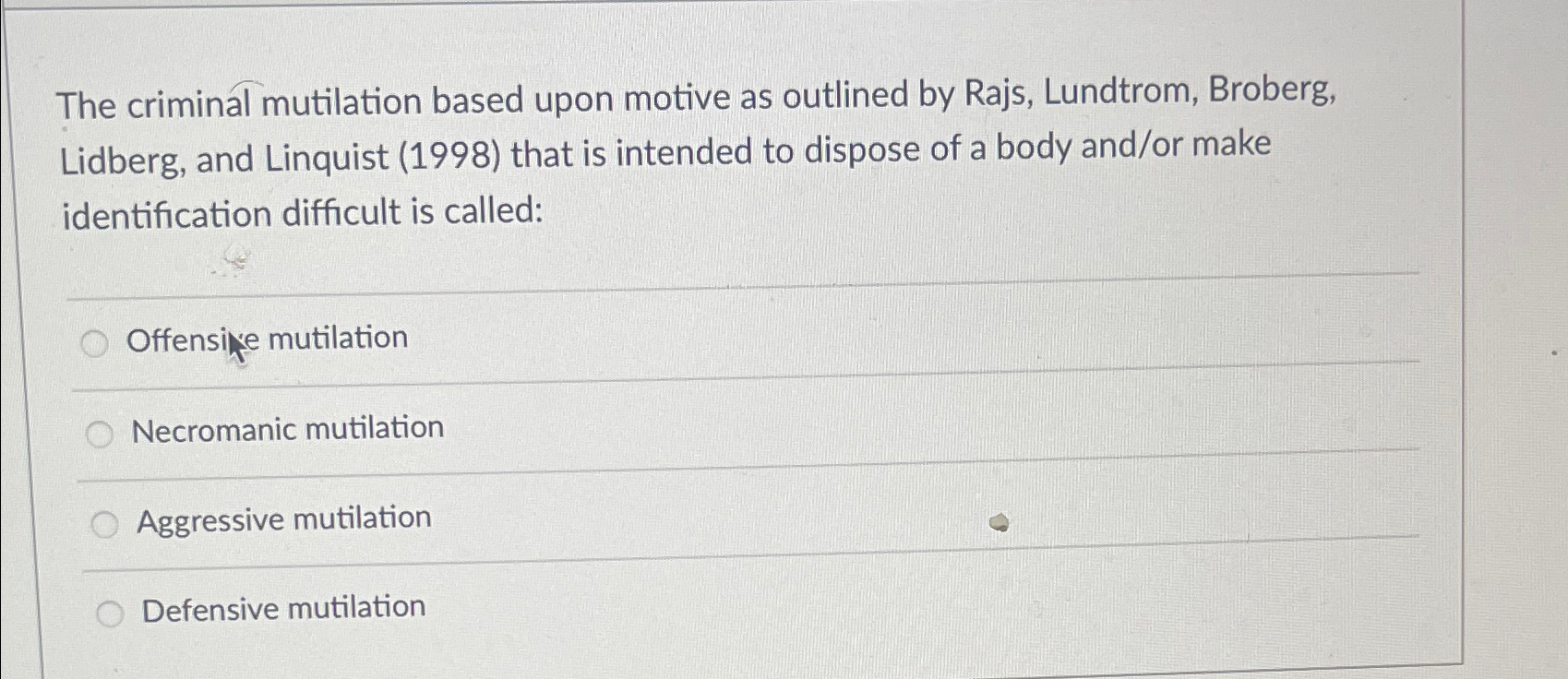 Solved The criminal mutilation based upon motive as outlined | Chegg.com