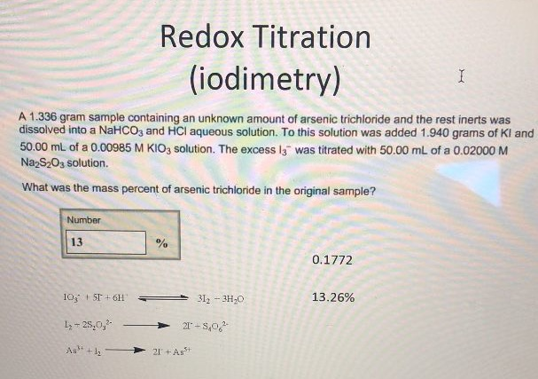 Solved Redox Titration (iodimetry) A 1.336 gram sample | Chegg.com