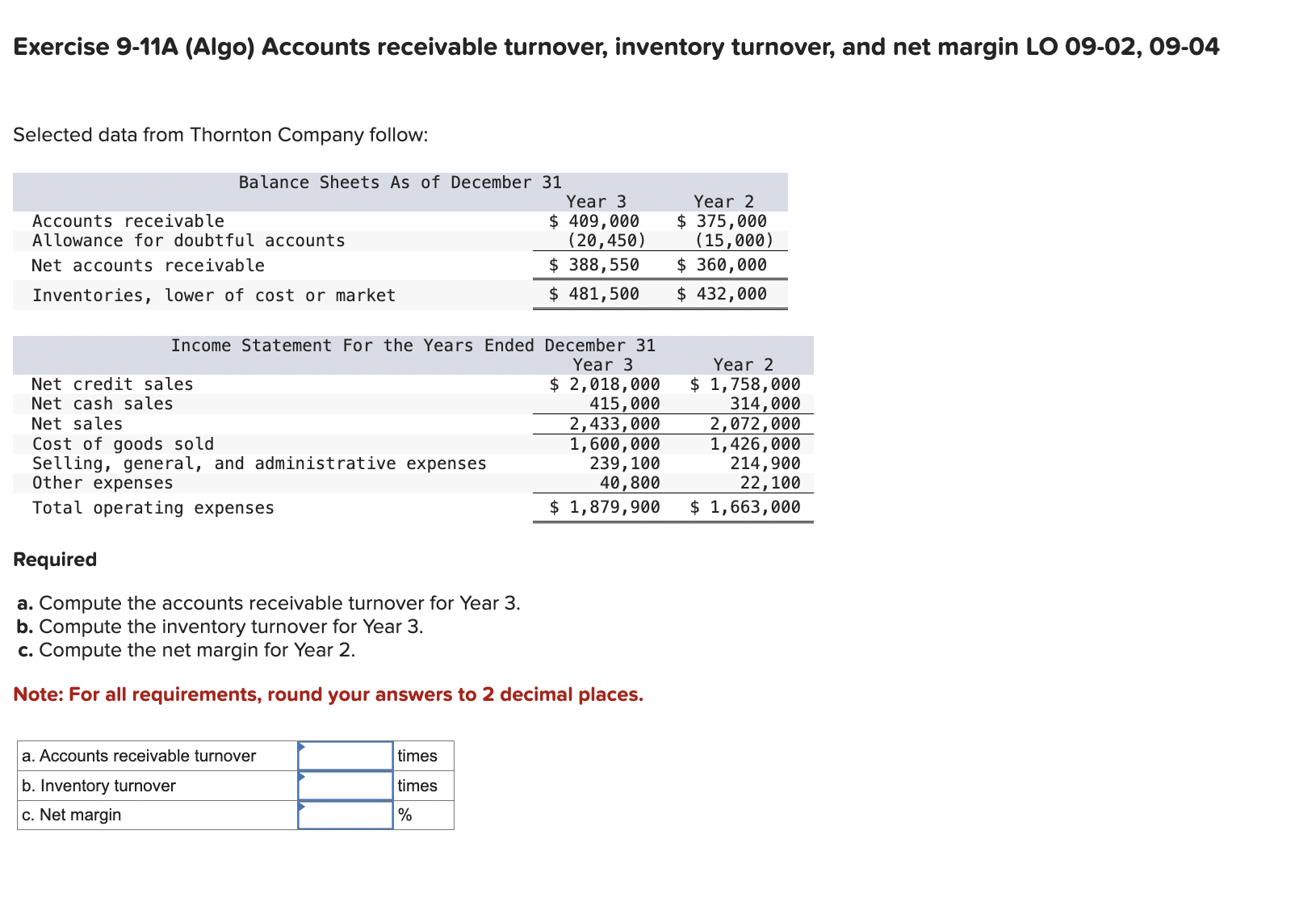 Solved Exercise 9-11A (Algo) ﻿Accounts receivable turnover, | Chegg.com