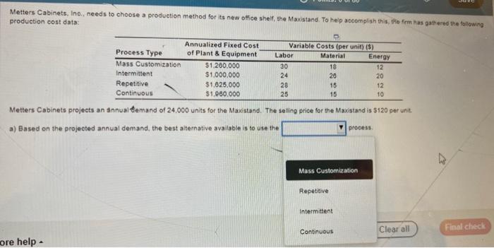 Solved Metters Cabinets, Inc., needs to choose a production | Chegg.com