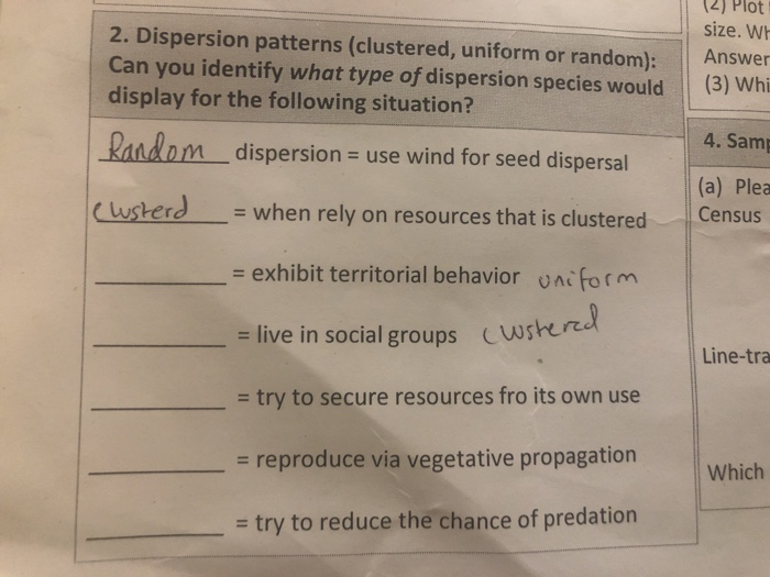 Solved 2. Dispersion patterns (clustered, uniform or | Chegg.com
