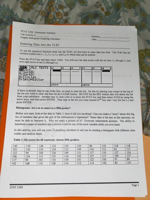 STAT 1350: Elementary Statistics Lab Activity Graphs | Chegg.com