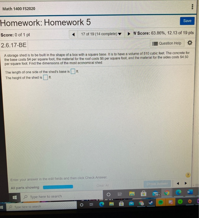 Solved Math 1400 FS2020 Save Homework: Homework 5 Score: 0 | Chegg.com