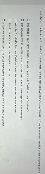 Solved Specifying variables in the Excel NPV function | Chegg.com