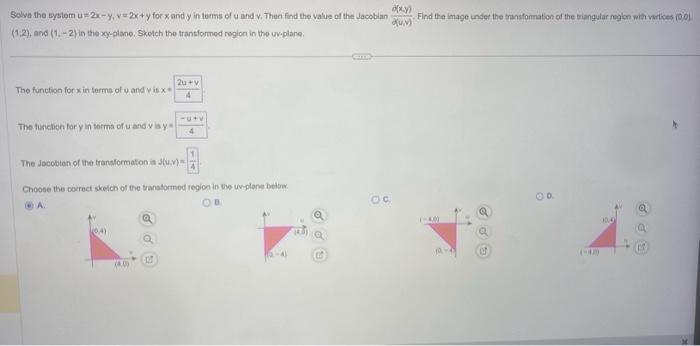 Solved Solve the systom u=2x−y,y=2x+y for x and y in terms | Chegg.com