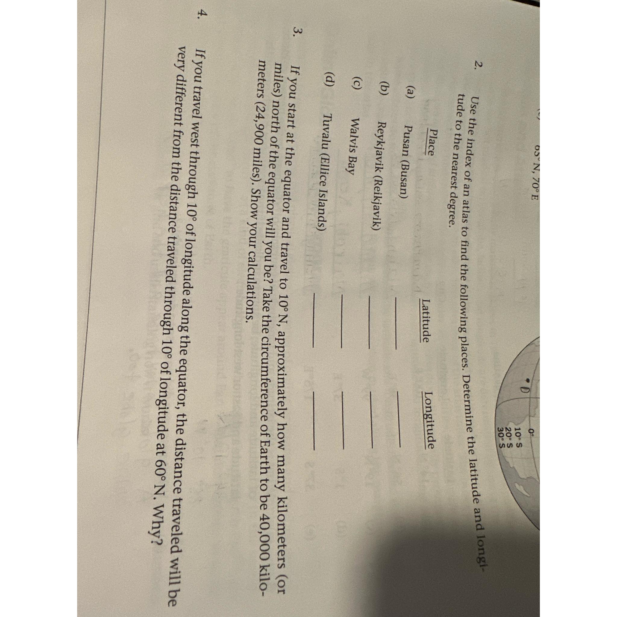 Solved cos°N,70°E2. ﻿Use the index of an atlas to find the | Chegg.com