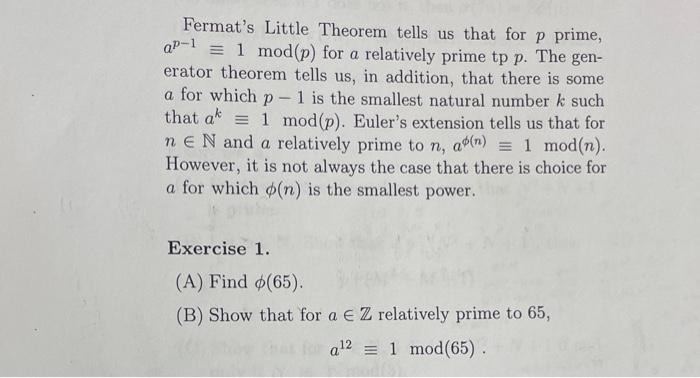 Solved Fermat's Little Theorem tells us that for p prime, | Chegg.com