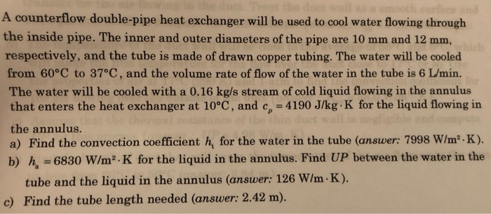 Solved duct. Trat ce and A counterflow double-pipe heat | Chegg.com
