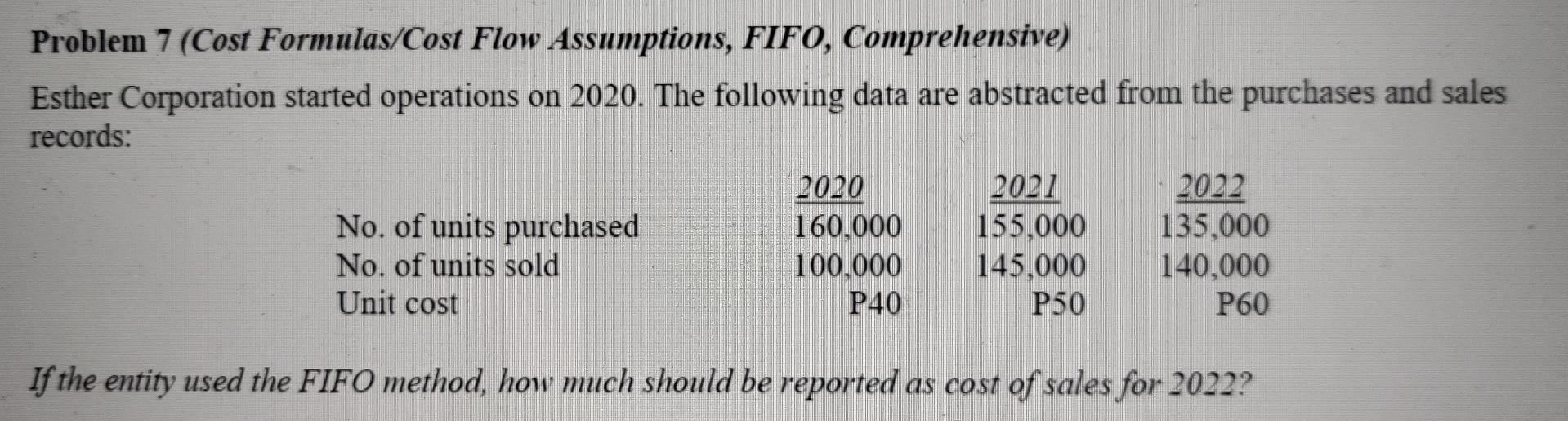 Solved Problem 7 (Cost Formulas/Cost Flow Assumptions, FIFO, | Chegg.com