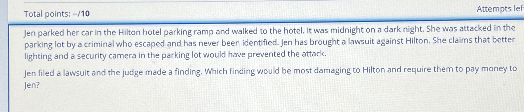 Solved Total points: --/10Attempts lefJen parked her car in | Chegg.com