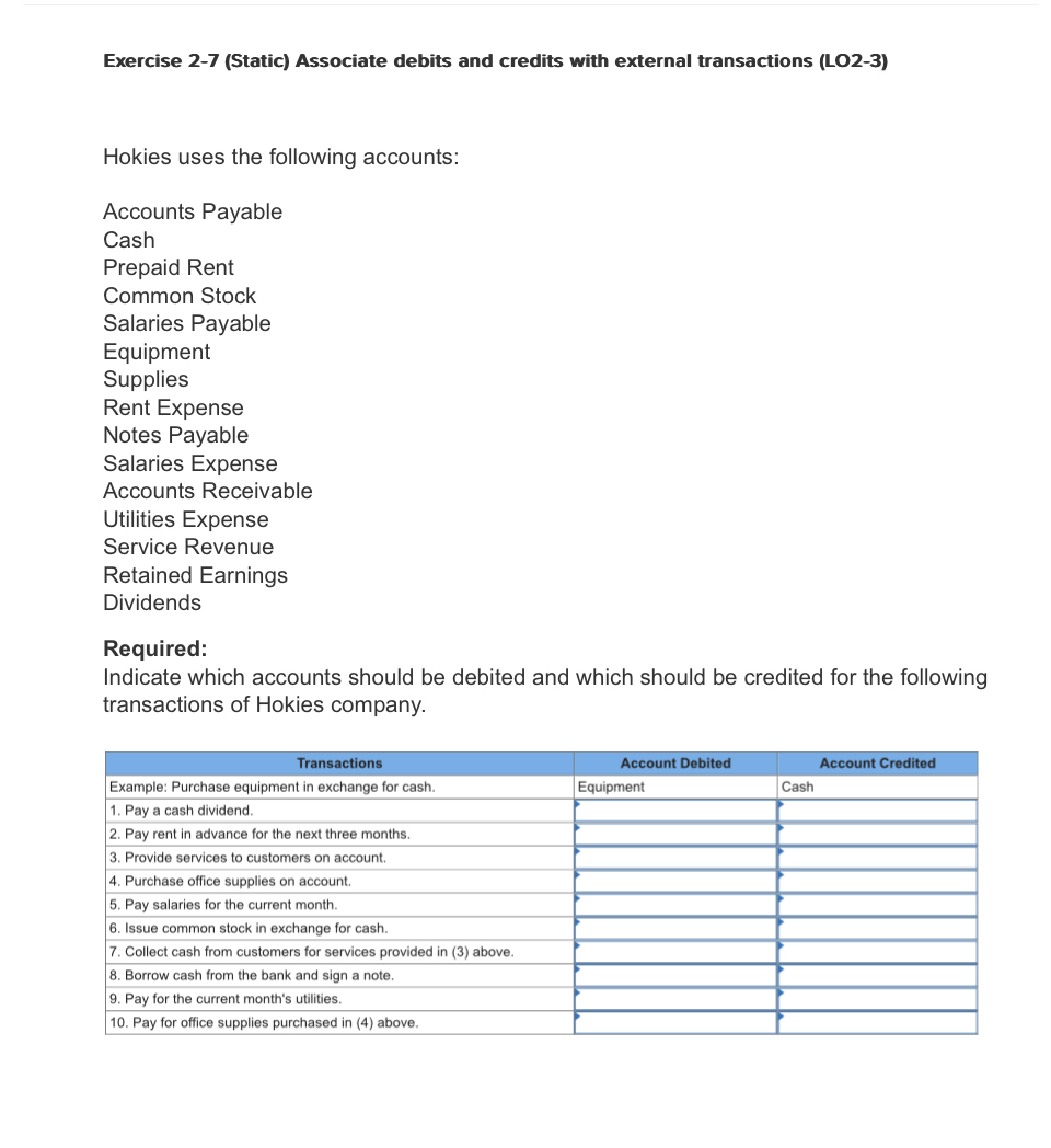 Solved Exercise 2-7 (Static) ﻿Associate debits and credits | Chegg.com