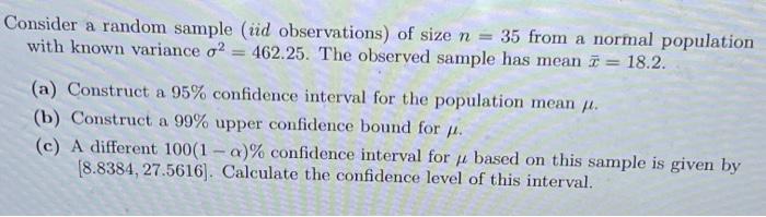 Solved Consider a random sample (iid observations) of size n | Chegg.com