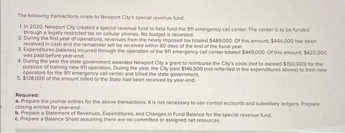 Solved The following transactions relate to Newport City's | Chegg.com