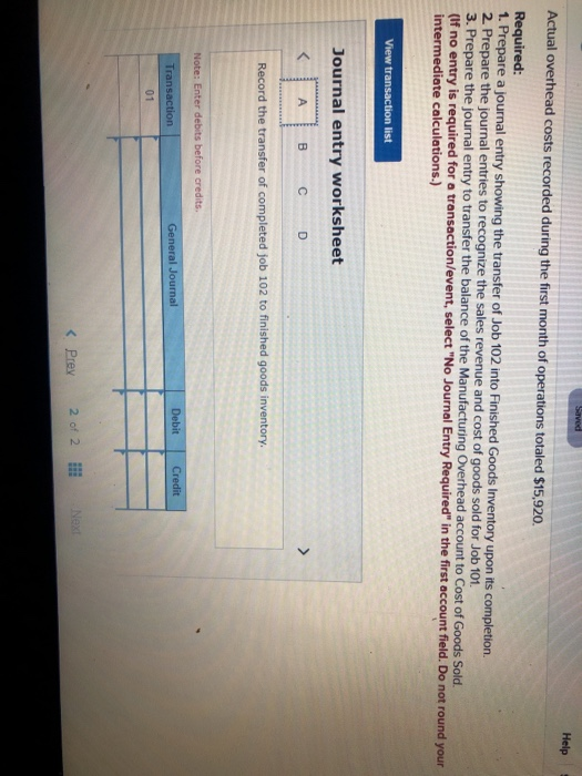 Solved apter 2 Saved Help Save & E ABC Company uses a job | Chegg.com