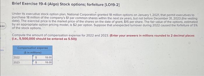 Solved Brief Exercise 19-4 (Algo) Stock options; forfeiture | Chegg.com