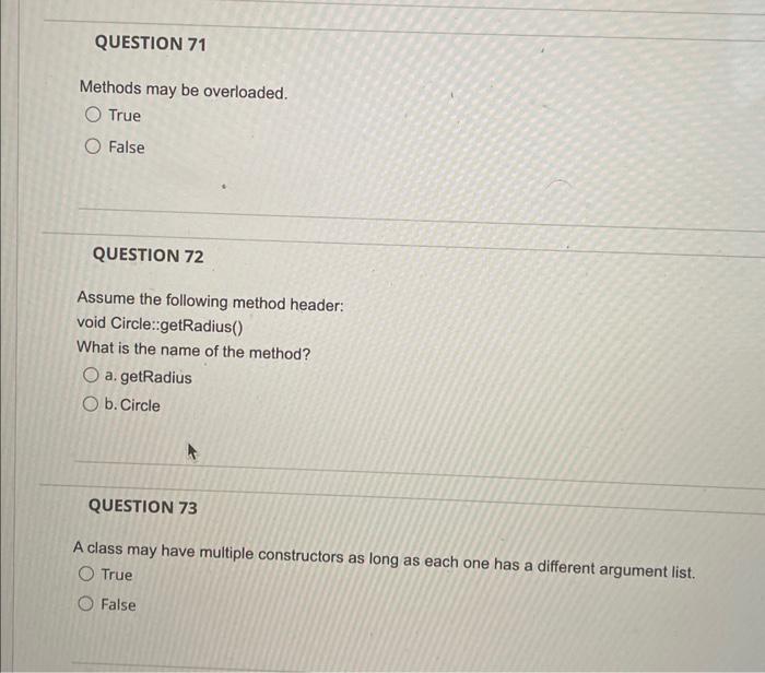 Solved Methods may be overloaded. True False QUESTION 72 | Chegg.com