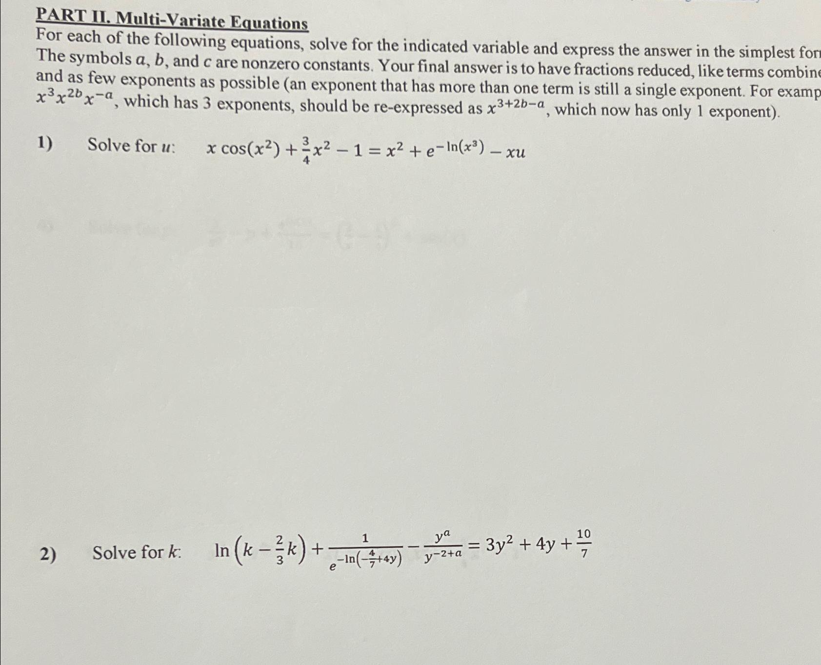 Solved PART II. ﻿Multi-Variate EquationsFor each of the | Chegg.com