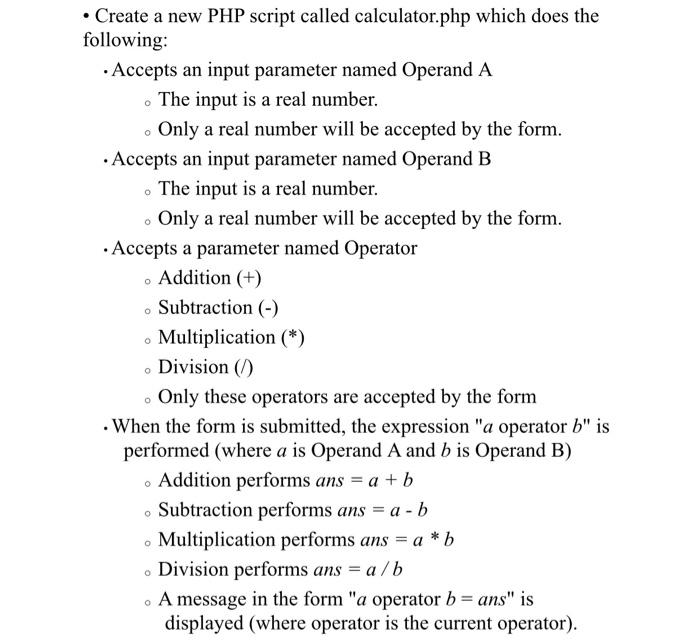 Solved • Create a new PHP script called calculator.php which | Chegg.com