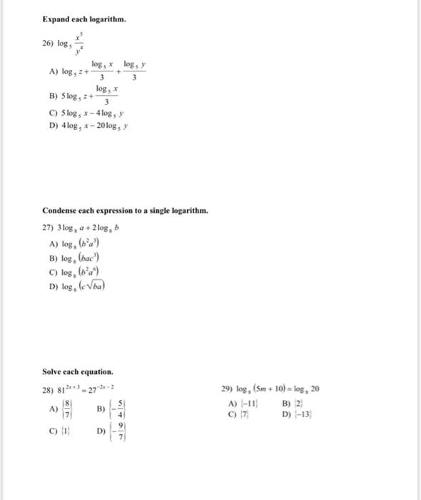 Solved Expand each logarithm. 26) log, 4341012 log, x log, y | Chegg.com