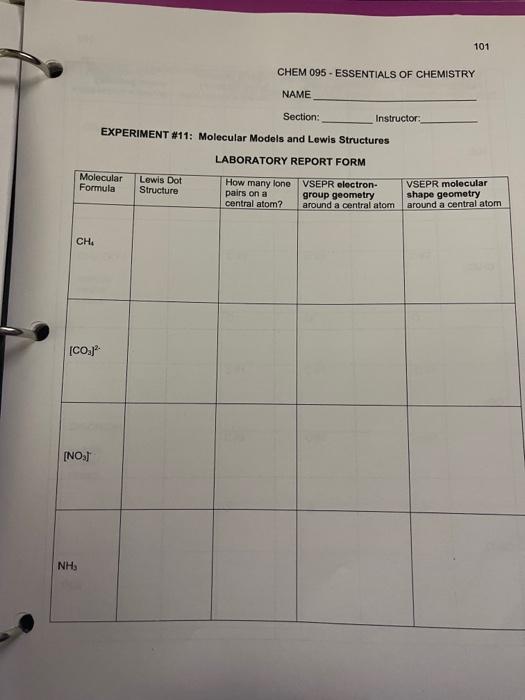 Solved 101 CHEM 095 - ESSENTIALS OF CHEMISTRY NAME Section: | Chegg.com