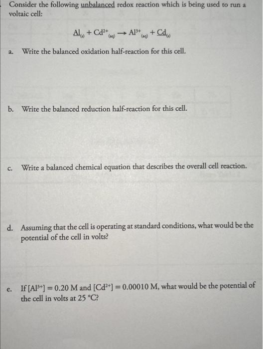 Solved Consider the following unbalanced redox reaction | Chegg.com