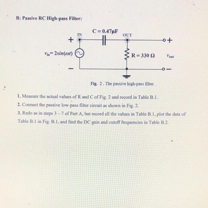 Solved B: Passive RC High-pass Filter: Fig. 2. The passive | Chegg.com