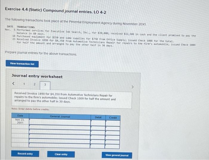 Solved Exercise 4.4 (Static) Compound journal entries. LO | Chegg.com