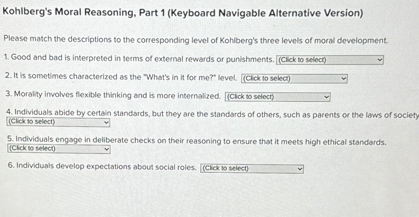 Solved Kohlberg's Moral Reasoning, Part 1 (Keyboard | Chegg.com